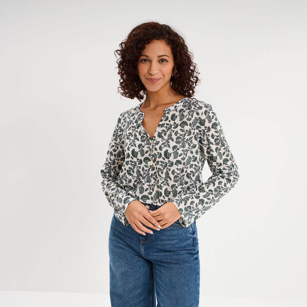 T-shirt col mao manches retroussables ecru femme | La Halle