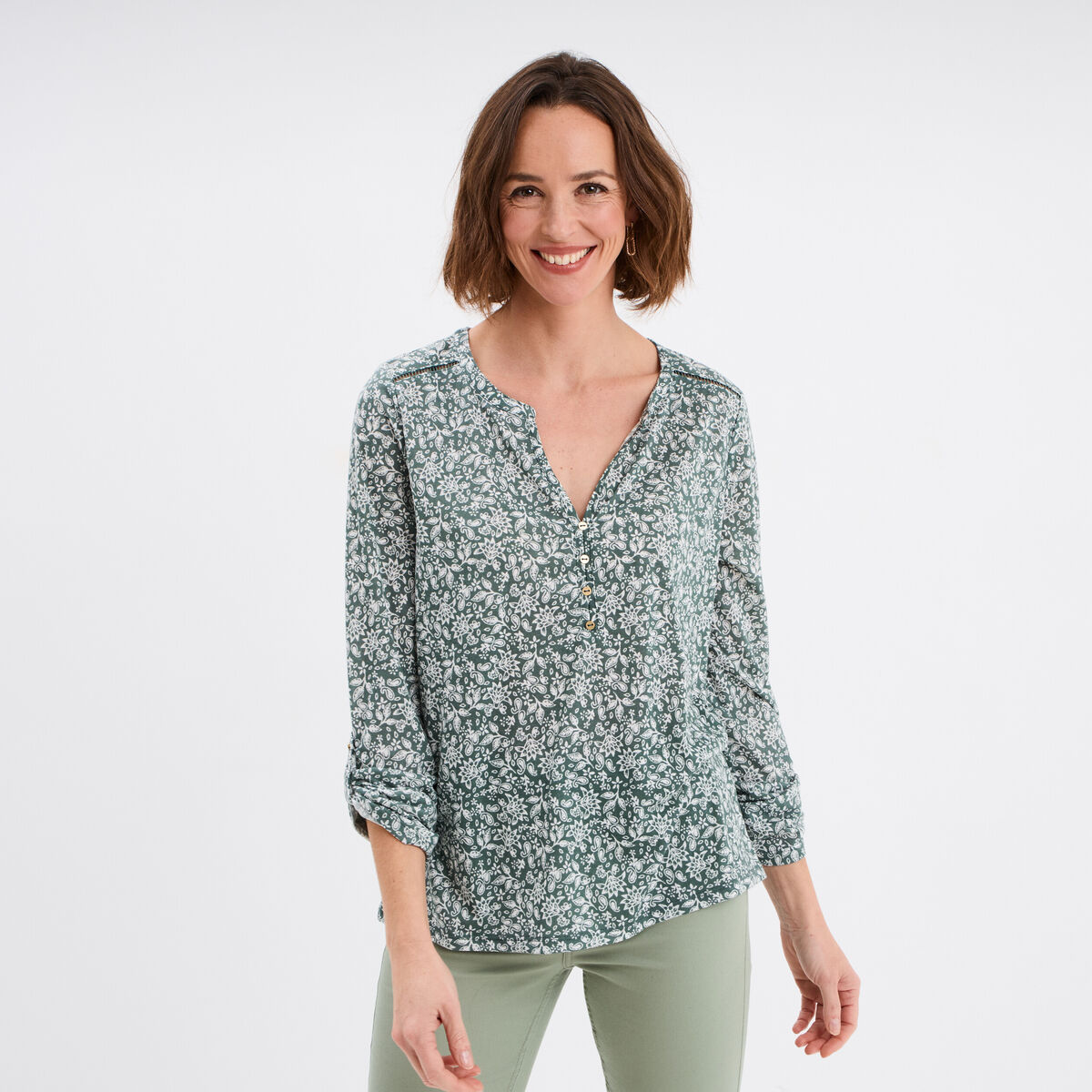 T-shirt col mao manches retroussables vert foncé femme | La Halle