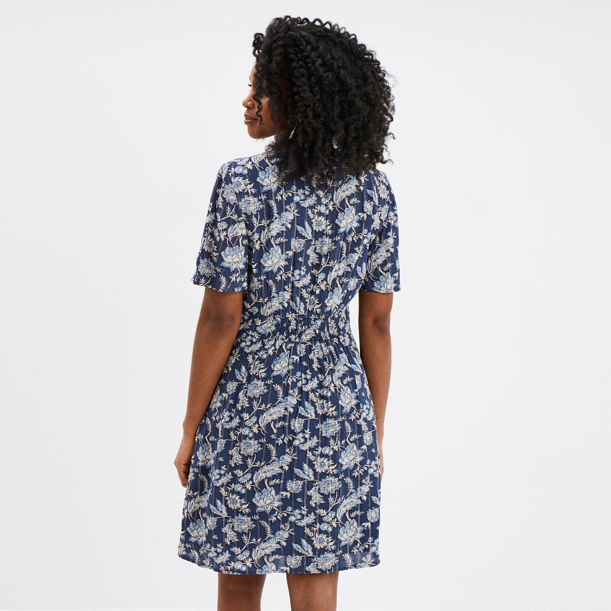 Robe col en V taille smockée Creeks bleu marine femme | La Halle