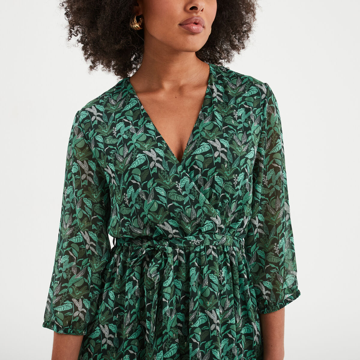 Robe midi col cache-coeur fluide vert femme | La Halle