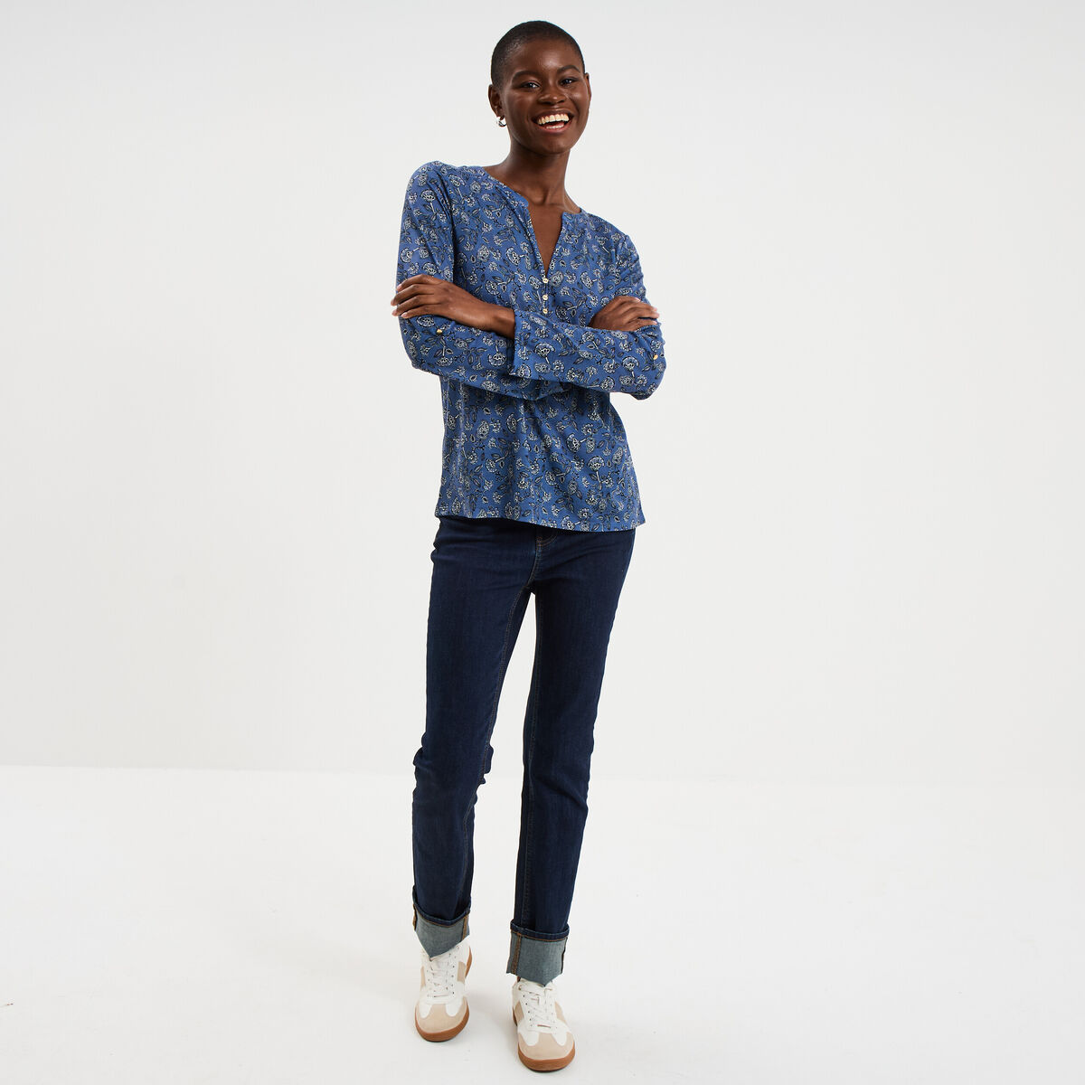 T-shirt col mao manches retroussables bleu gris femme | La Halle