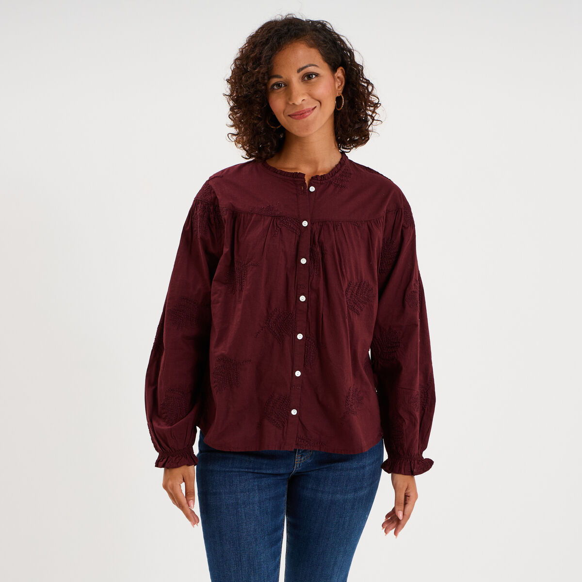 Chemise brodée col rond coton violet foncé femme | La Halle