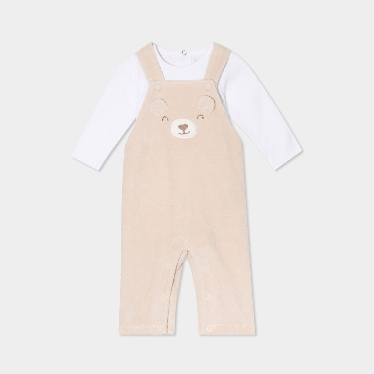 Ensemble t-shirt salopette effet velours beige bébé | La Halle