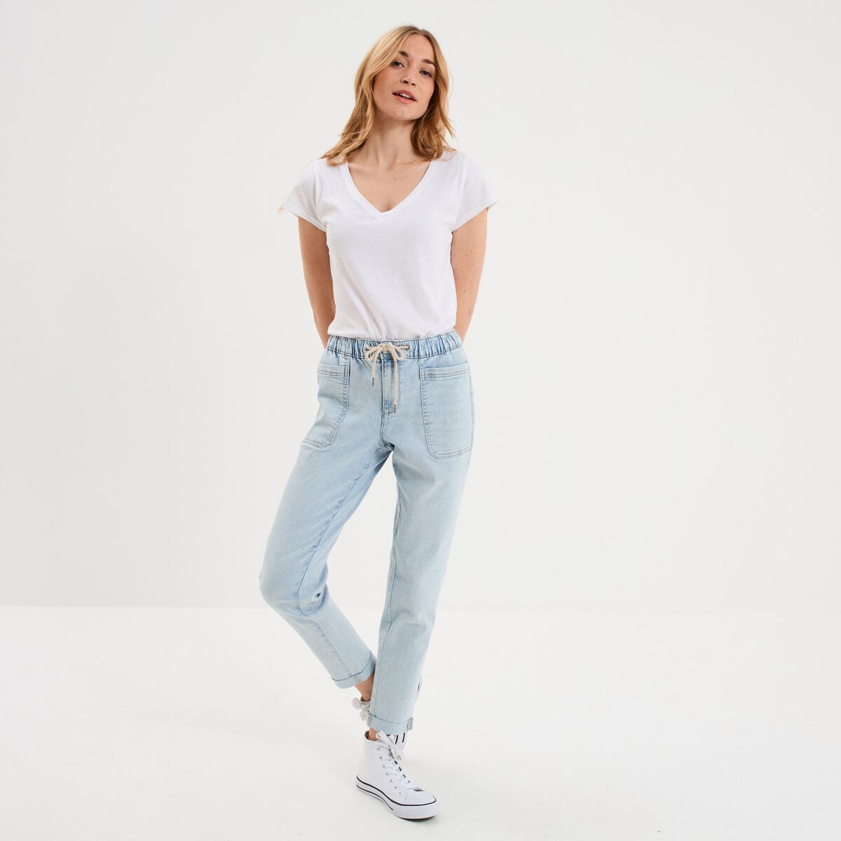 Jeans droit cropped taille élastiquée denim triple stone femme | La Halle