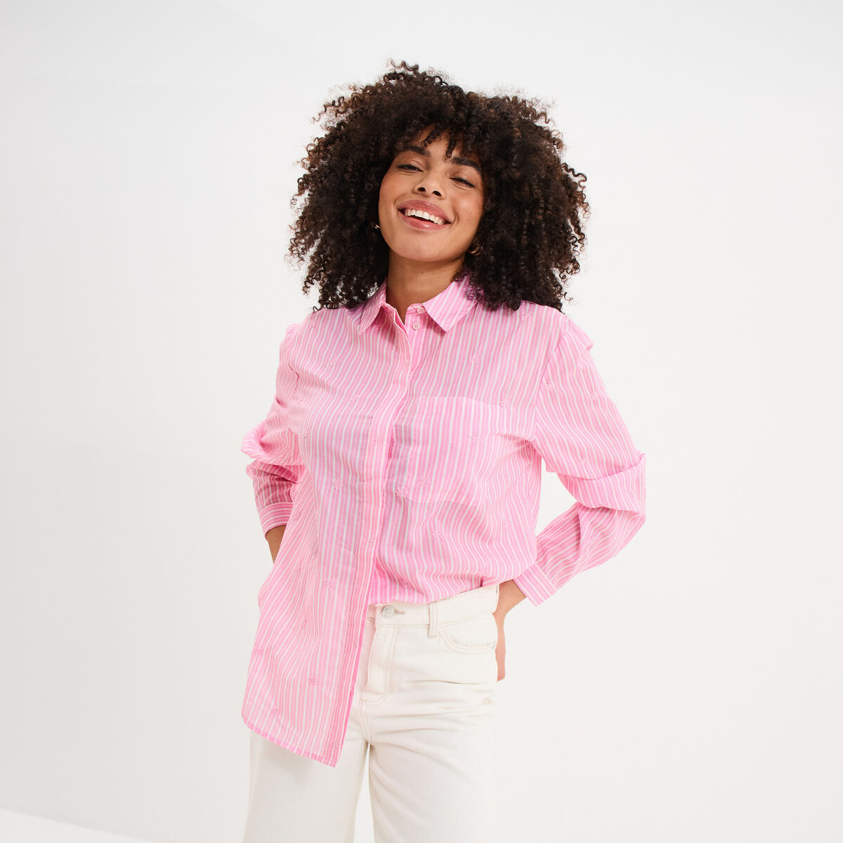 Chemise droite brodée coton rose femme | La Halle