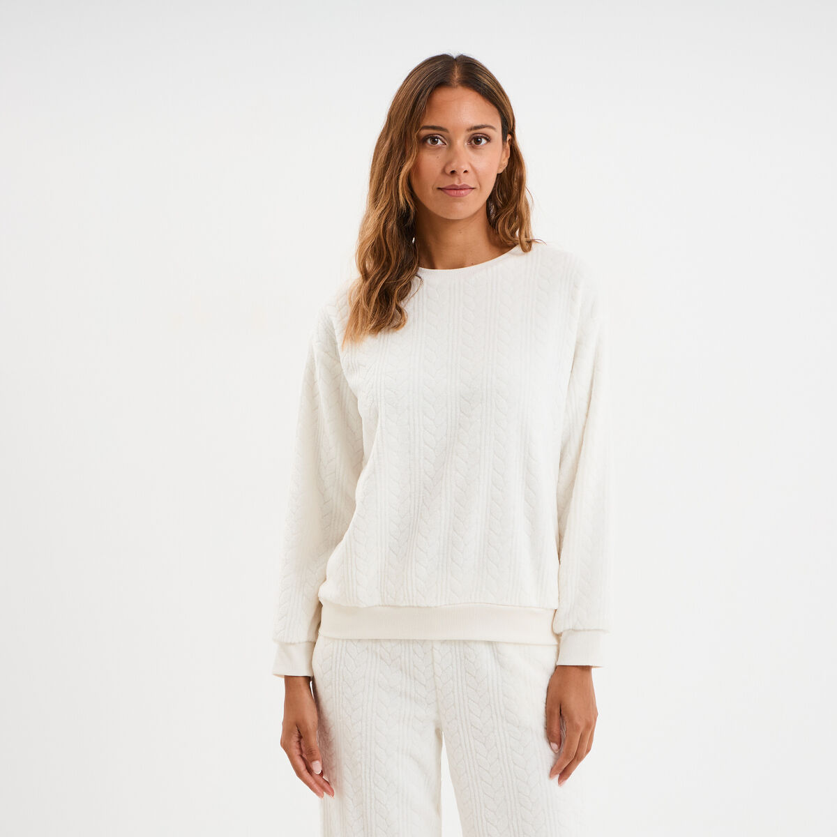 Haut de pyjama sweat polaire torsadé blanc femme | La Halle