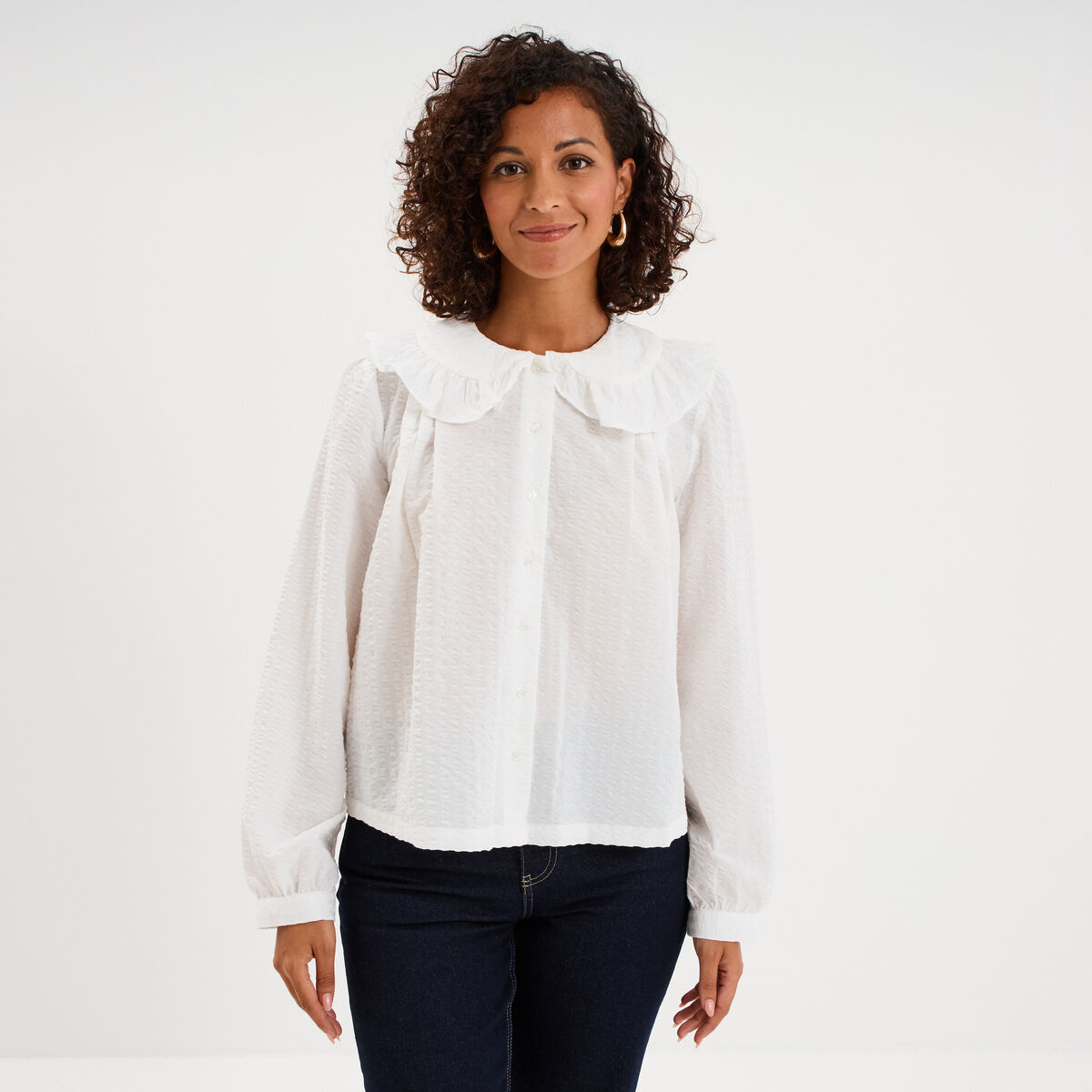 Chemisier col claudine à volants blanc femme | La Halle