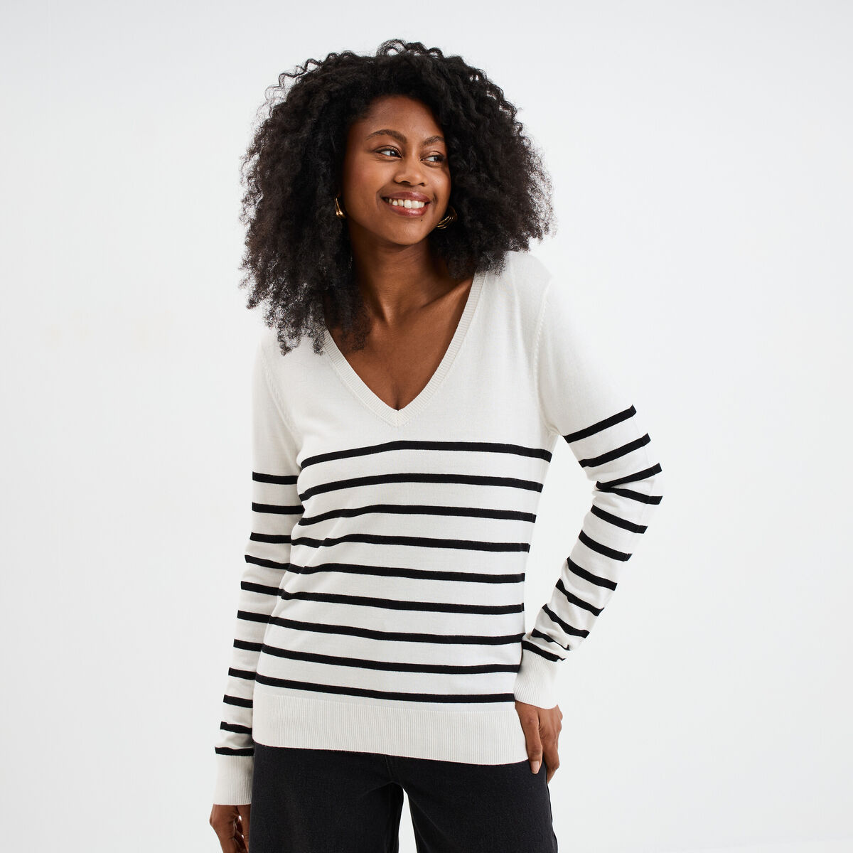 Pull col en V manches longues ecru femme | La Halle