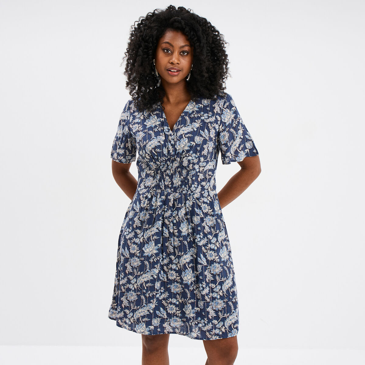 Robe col en V taille smockée Creeks bleu marine femme | La Halle