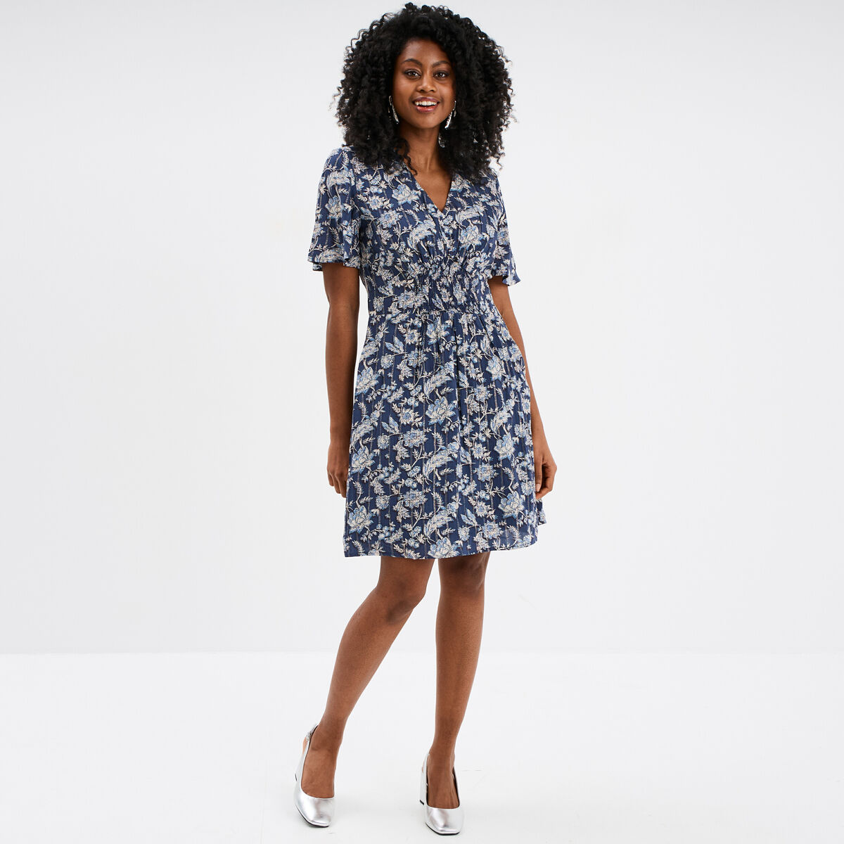 Robe col en V taille smockée Creeks bleu marine femme | La Halle