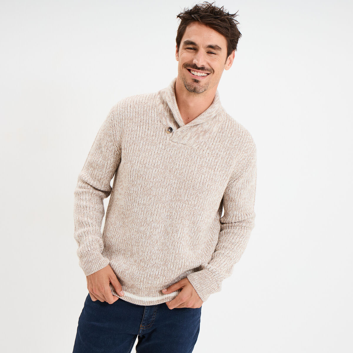 Pull col châle manches longues ivoire homme | La Halle