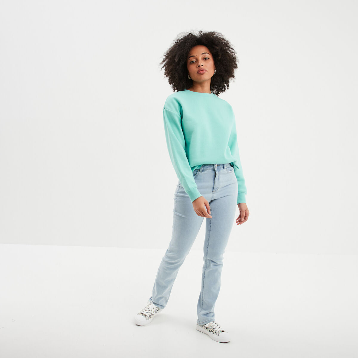 Sweat col rond manches longues bleu turquoise femme | La Halle