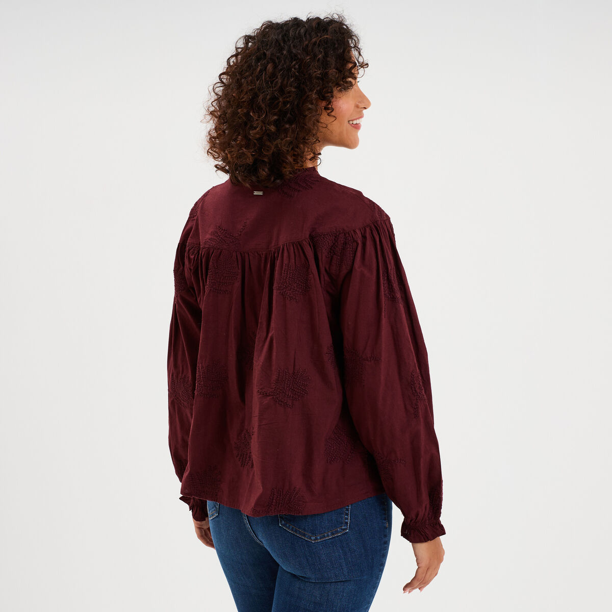 Chemise brodée col rond coton violet foncé femme | La Halle
