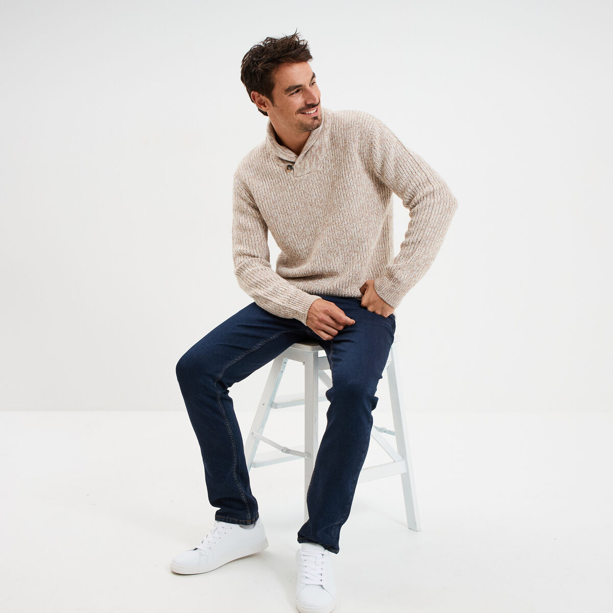 Pull col châle manches longues ivoire homme | La Halle