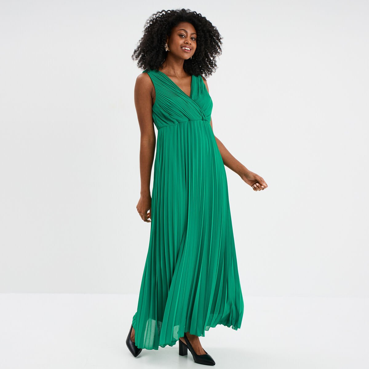 Robe longue plissée sans manches col V vert émeraude femme | La Halle