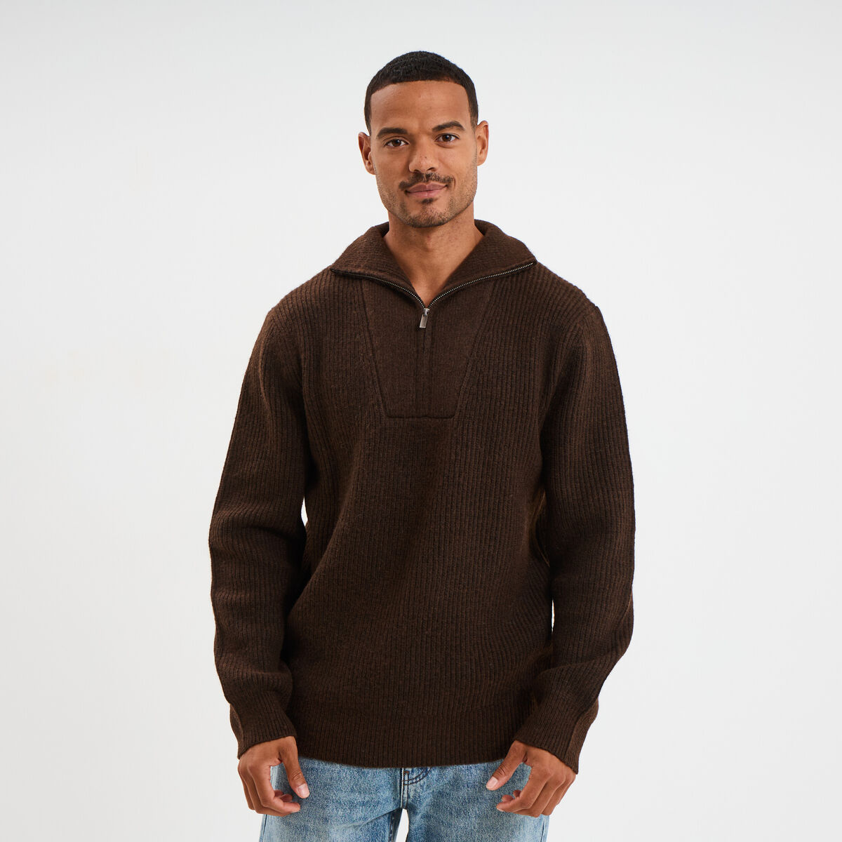 Pull avec col camionneur côtelé marron foncé homme | La Halle