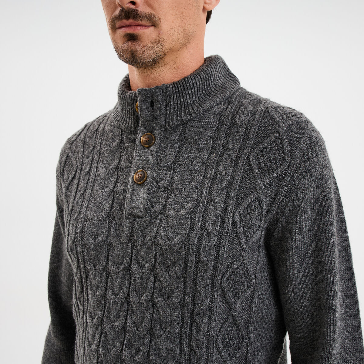 Pull col montant boutonné et torsades gris foncé homme | La Halle