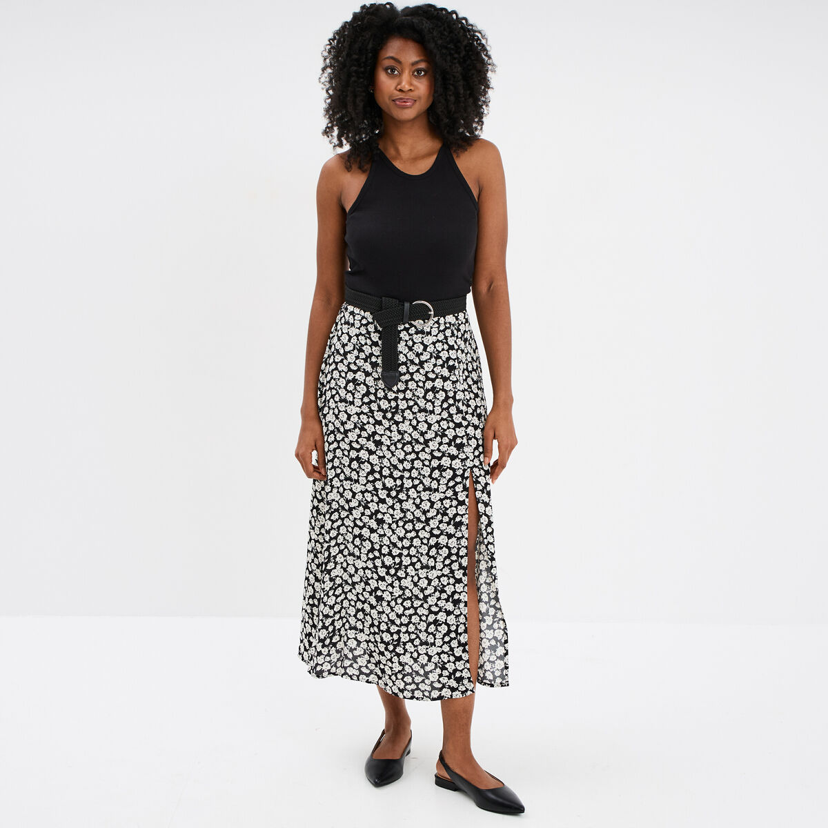 Jupe midi fendue fluide noir femme | La Halle