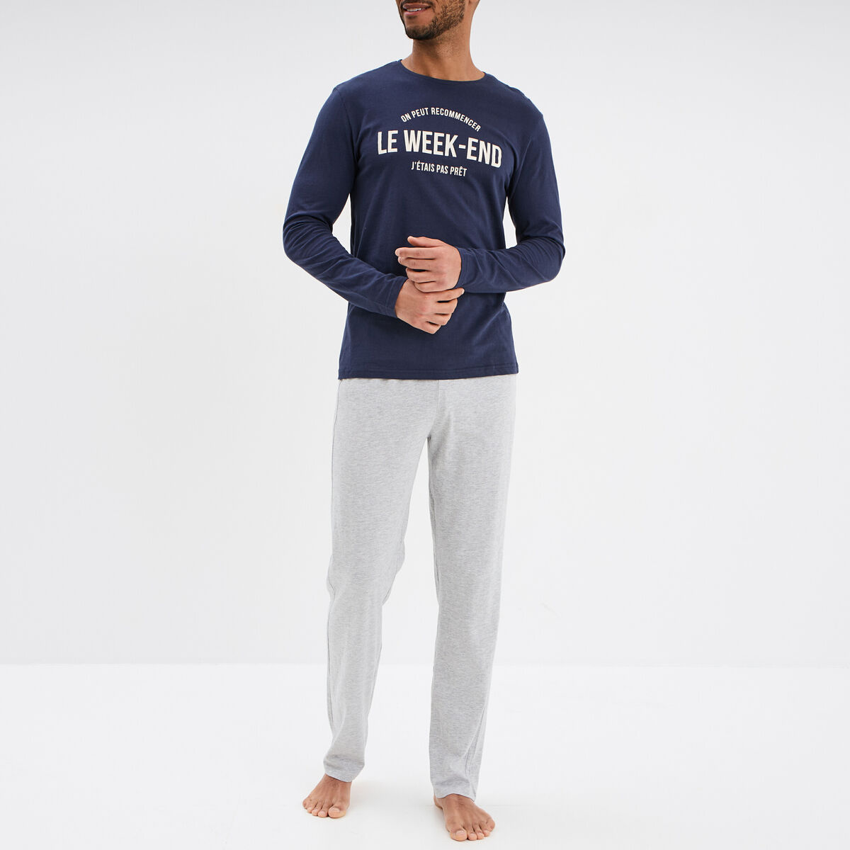 Ensemble pyjama pantalon 2 pièces coton bleu marine homme | La Halle