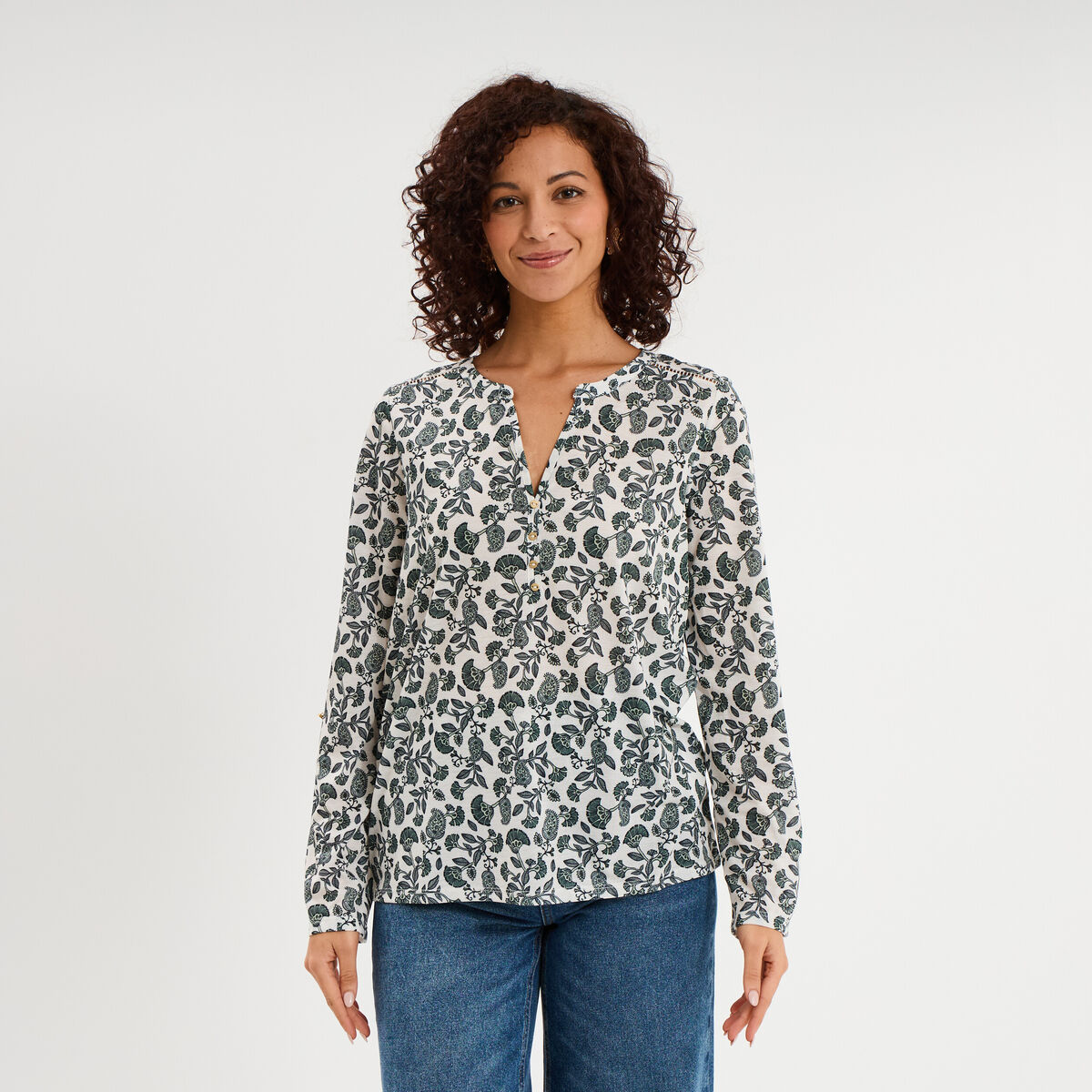 T-shirt col mao manches retroussables ecru femme | La Halle