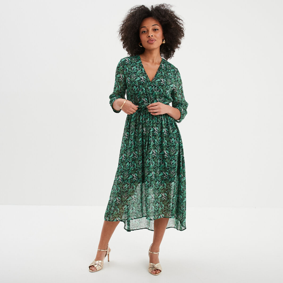 Robe midi col cache-coeur fluide vert femme | La Halle