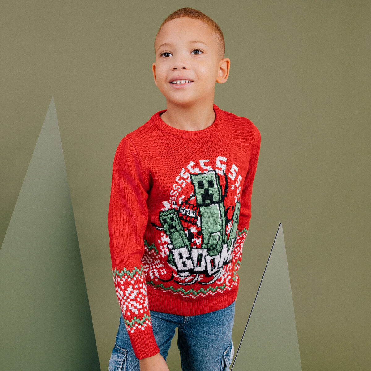 Pull Noël Minecraft Creeper rouge garçon | La Halle