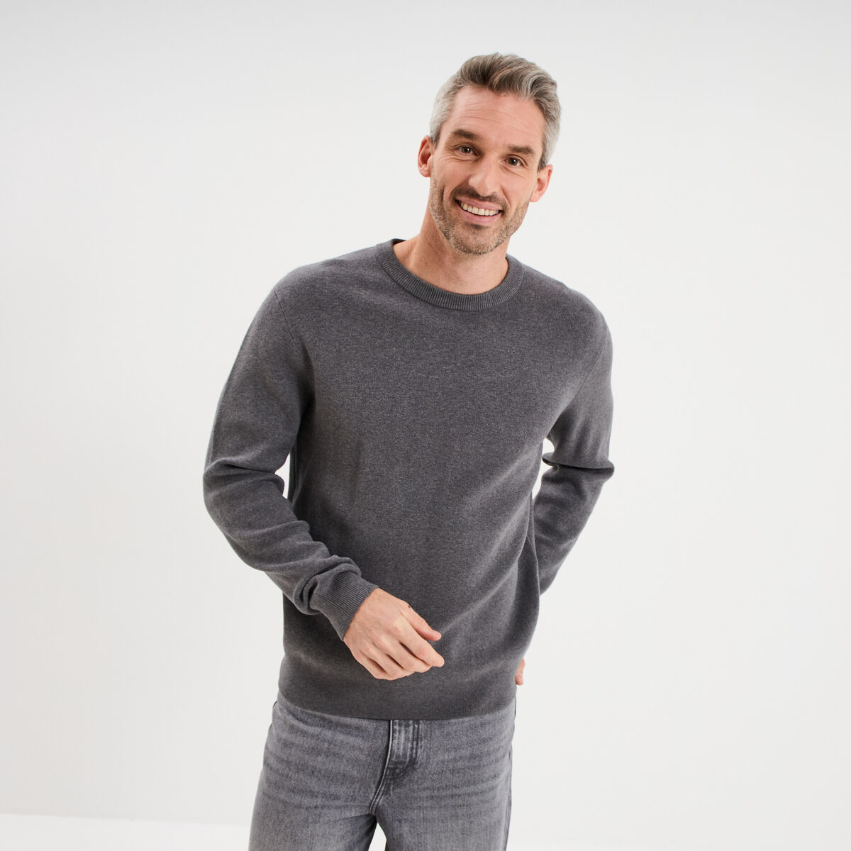 Pull col rond manches longues gris homme | La Halle
