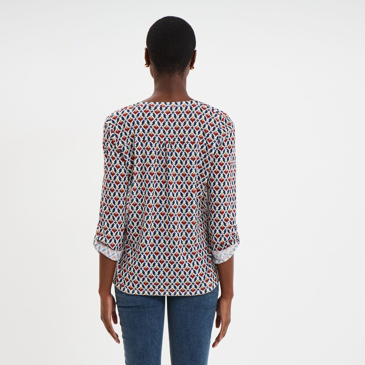 T-shirt col mao manches retroussables ecru femme | La Halle
