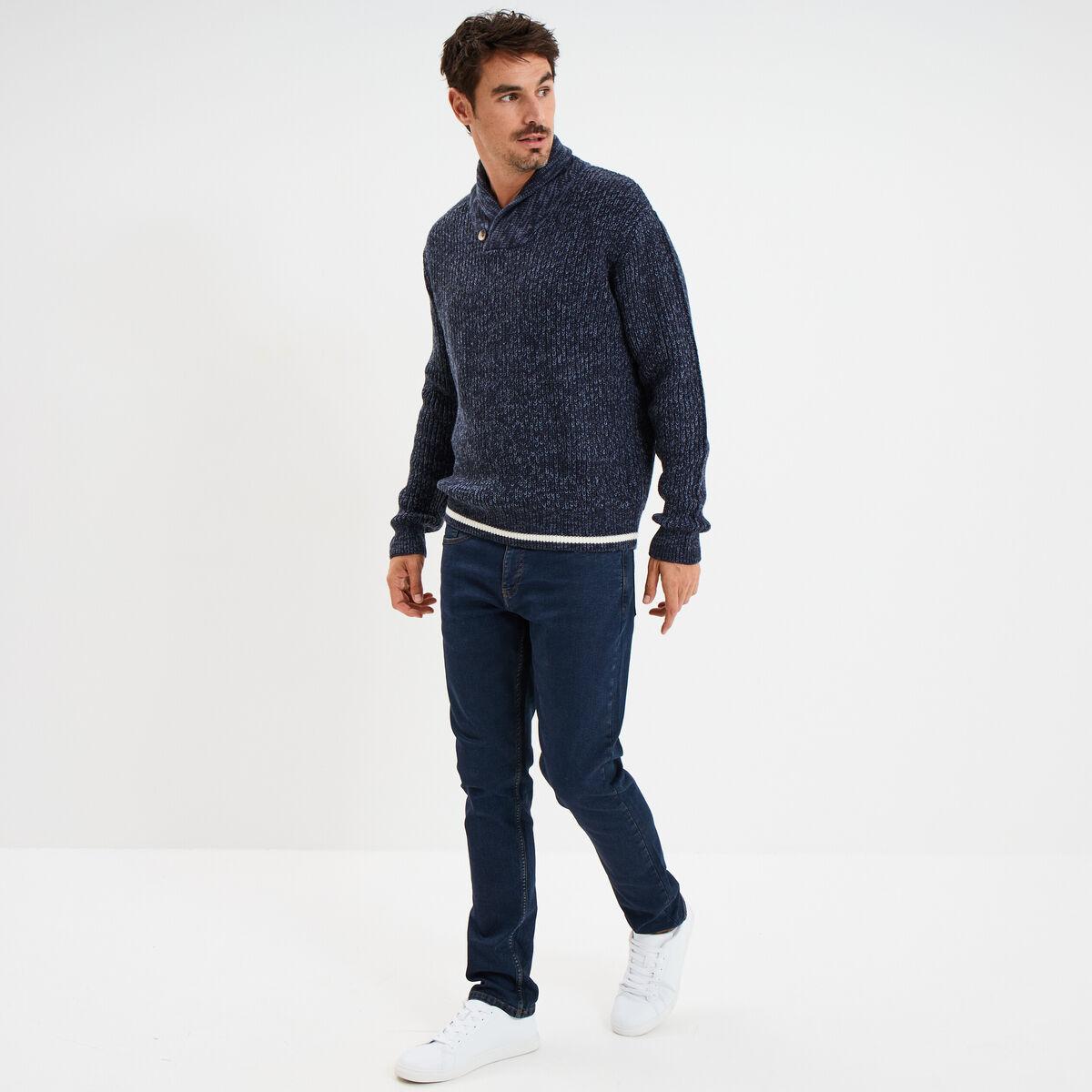 Pull col châle manches longues bleu marine homme | La Halle