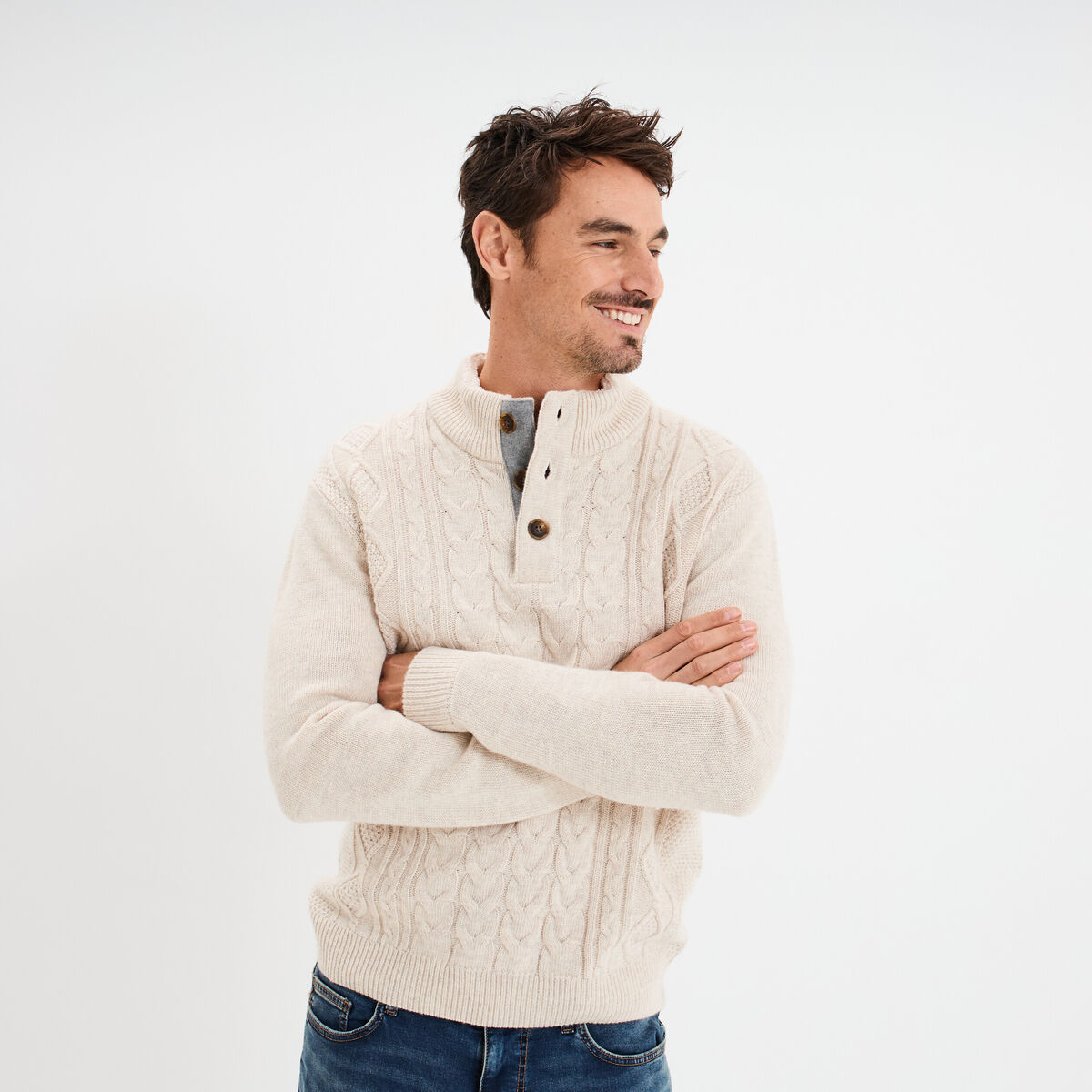 Pull col montant boutonné et torsades ecru homme | La Halle