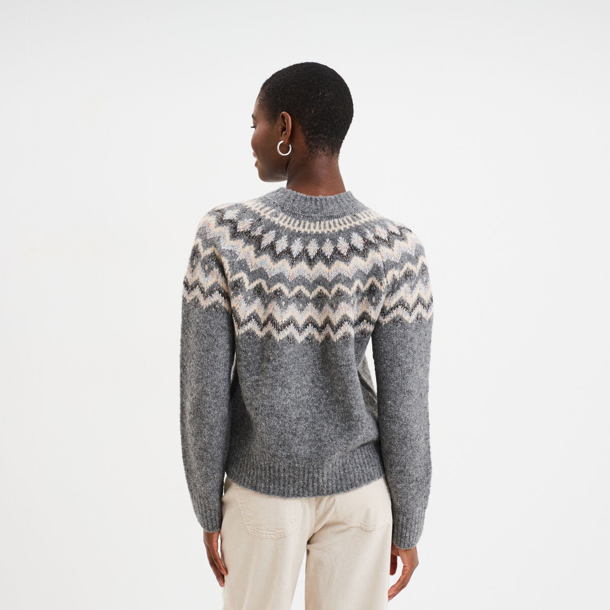 Pull col rond jacquard manches longues gris clair femme | La Halle