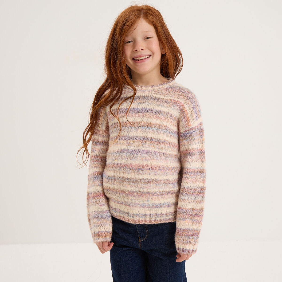 Pull col rond droit manches longues multicolore fille | La Halle