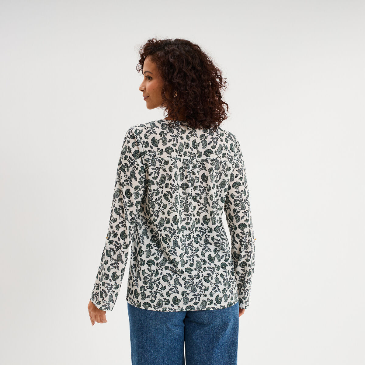 T-shirt col mao manches retroussables ecru femme | La Halle