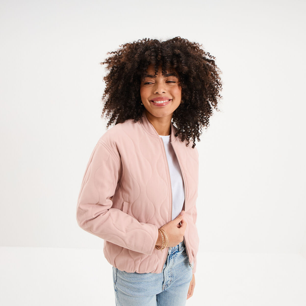 Blouson bomber matelassé rose poudrée femme | La Halle