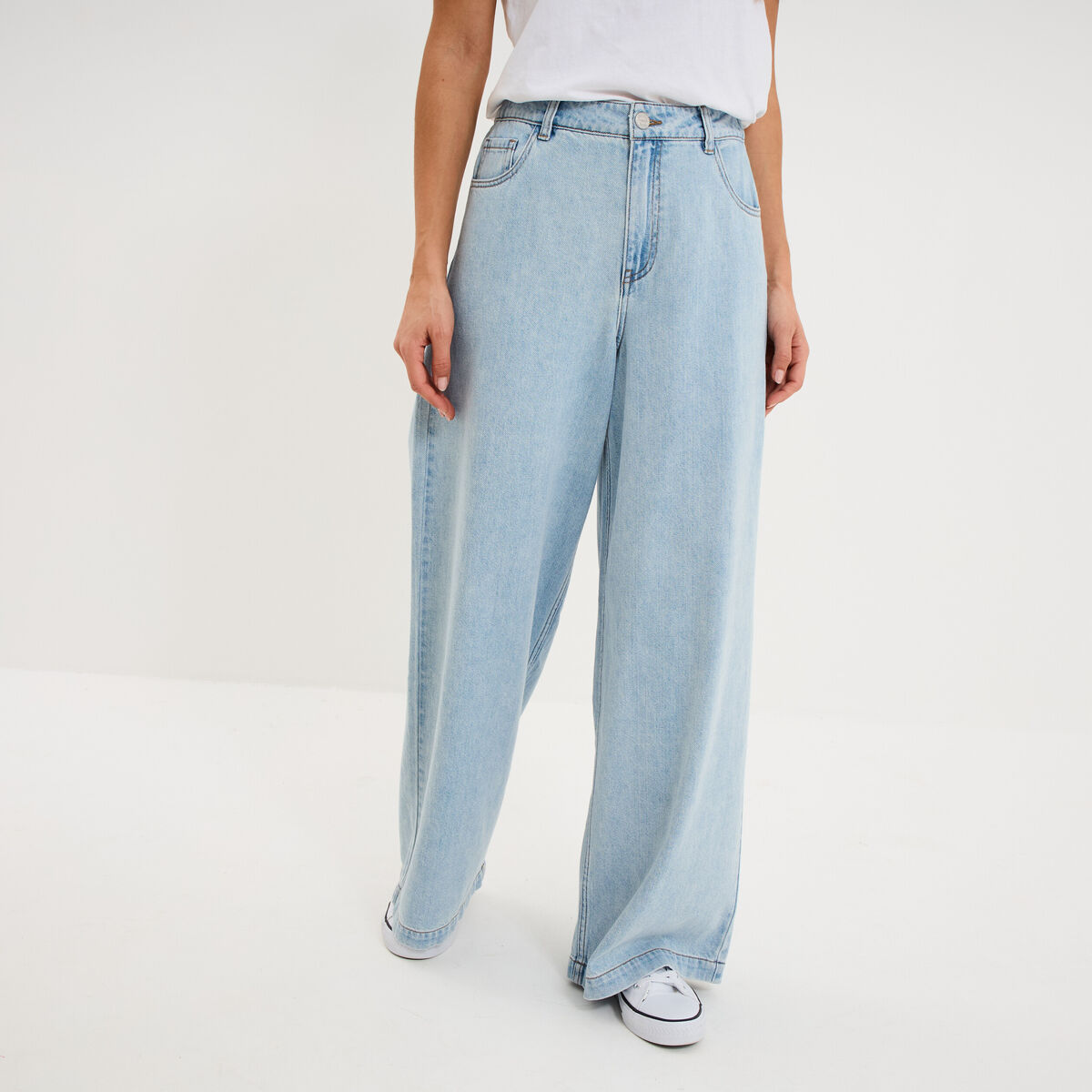 Jean extra large taille haute coton denim triple stone femme | La Halle