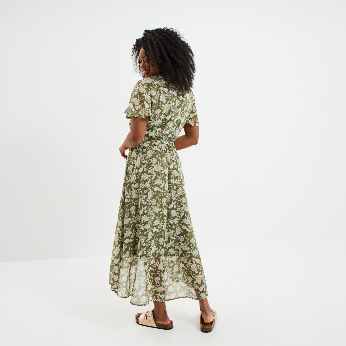 Robe longue évasée col cache-coeur vert kaki femme | La Halle