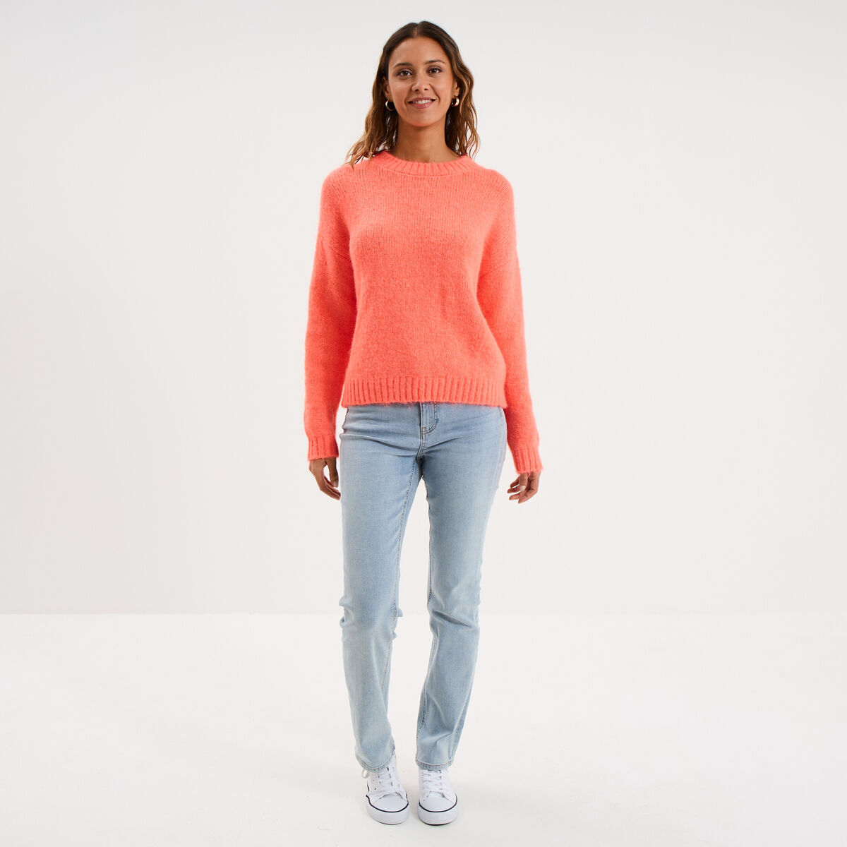 Pull col rond manches longues rose fluo femme | La Halle