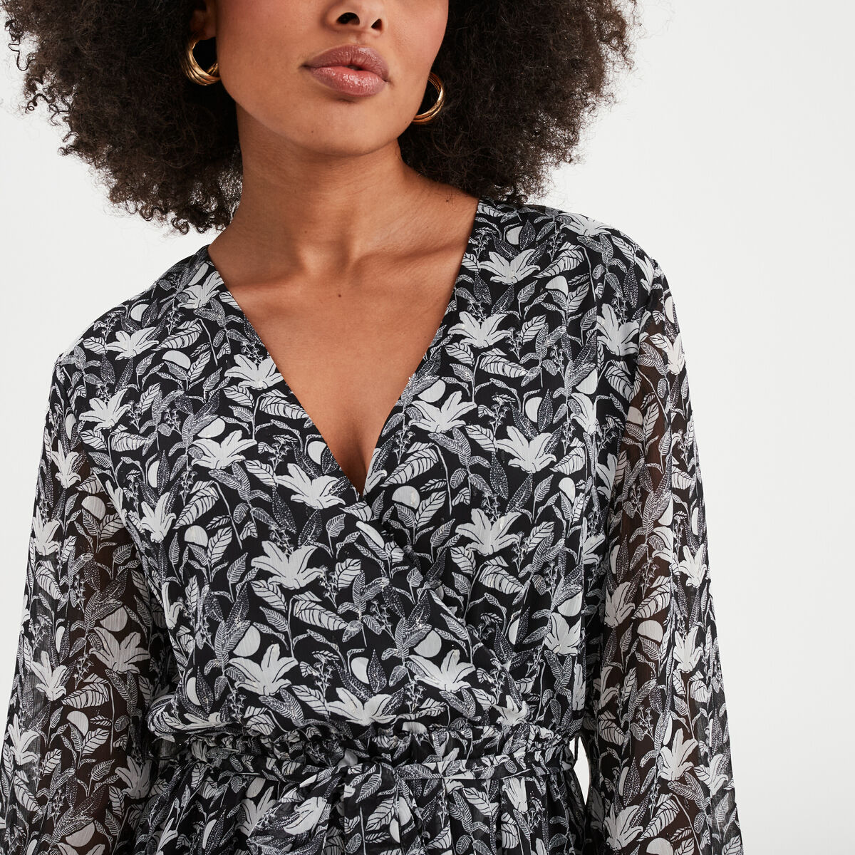 Robe midi col cache-coeur fluide noir femme | La Halle