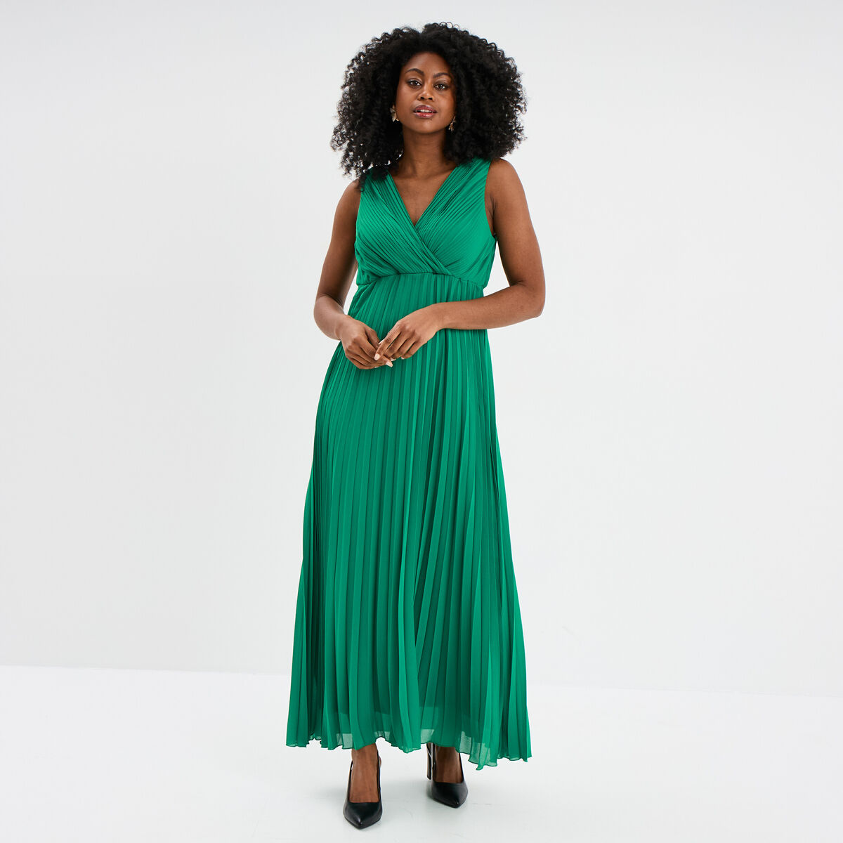 Robe longue plissée sans manches col V vert émeraude femme | La Halle