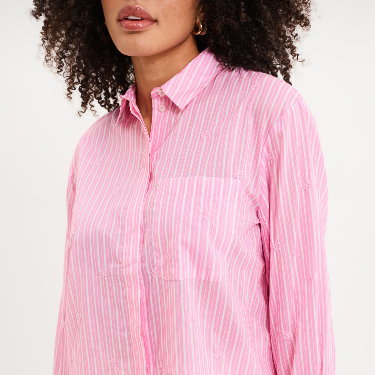 Chemise droite brodée coton rose femme | La Halle