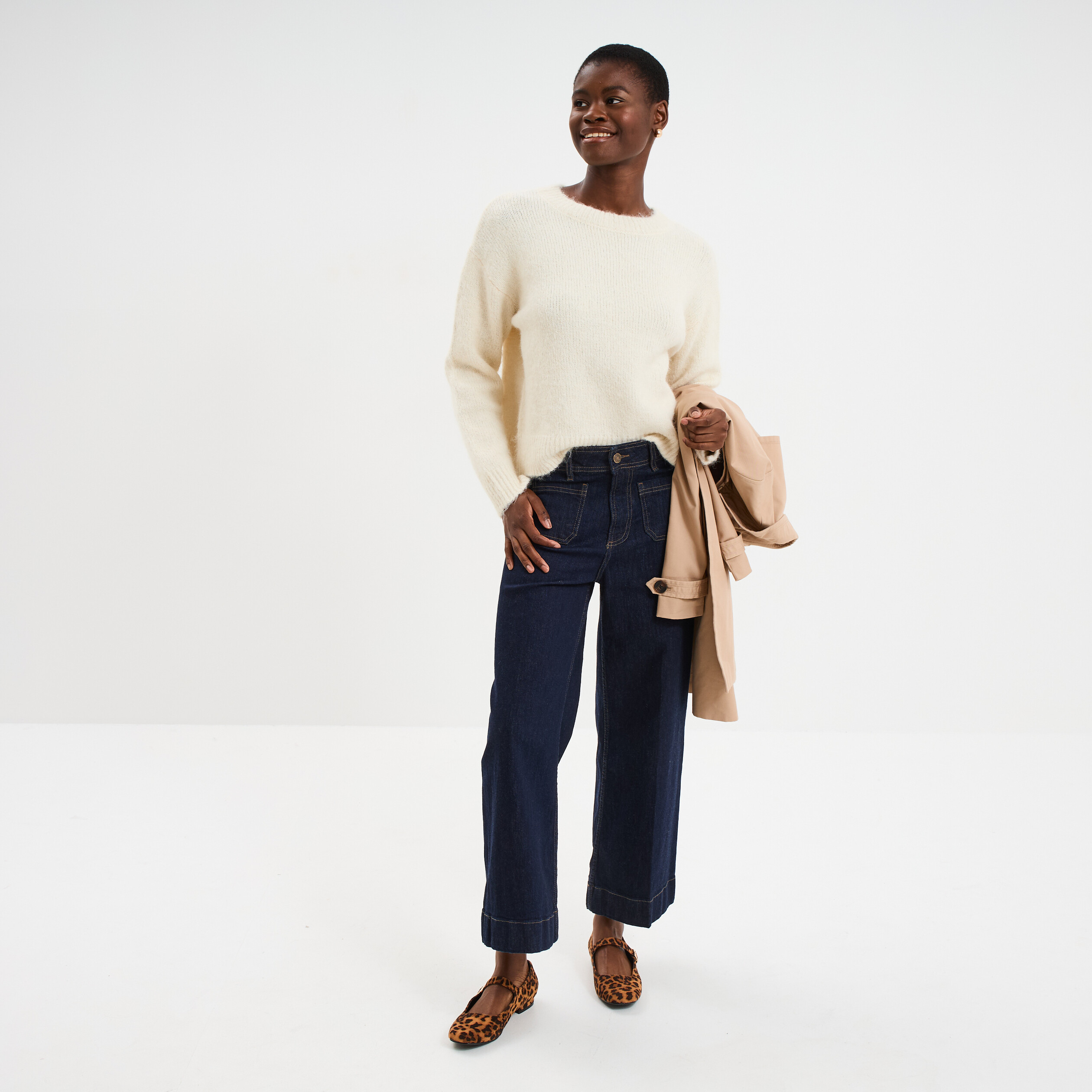 Pull col rond manches longues ecru femme | La Halle