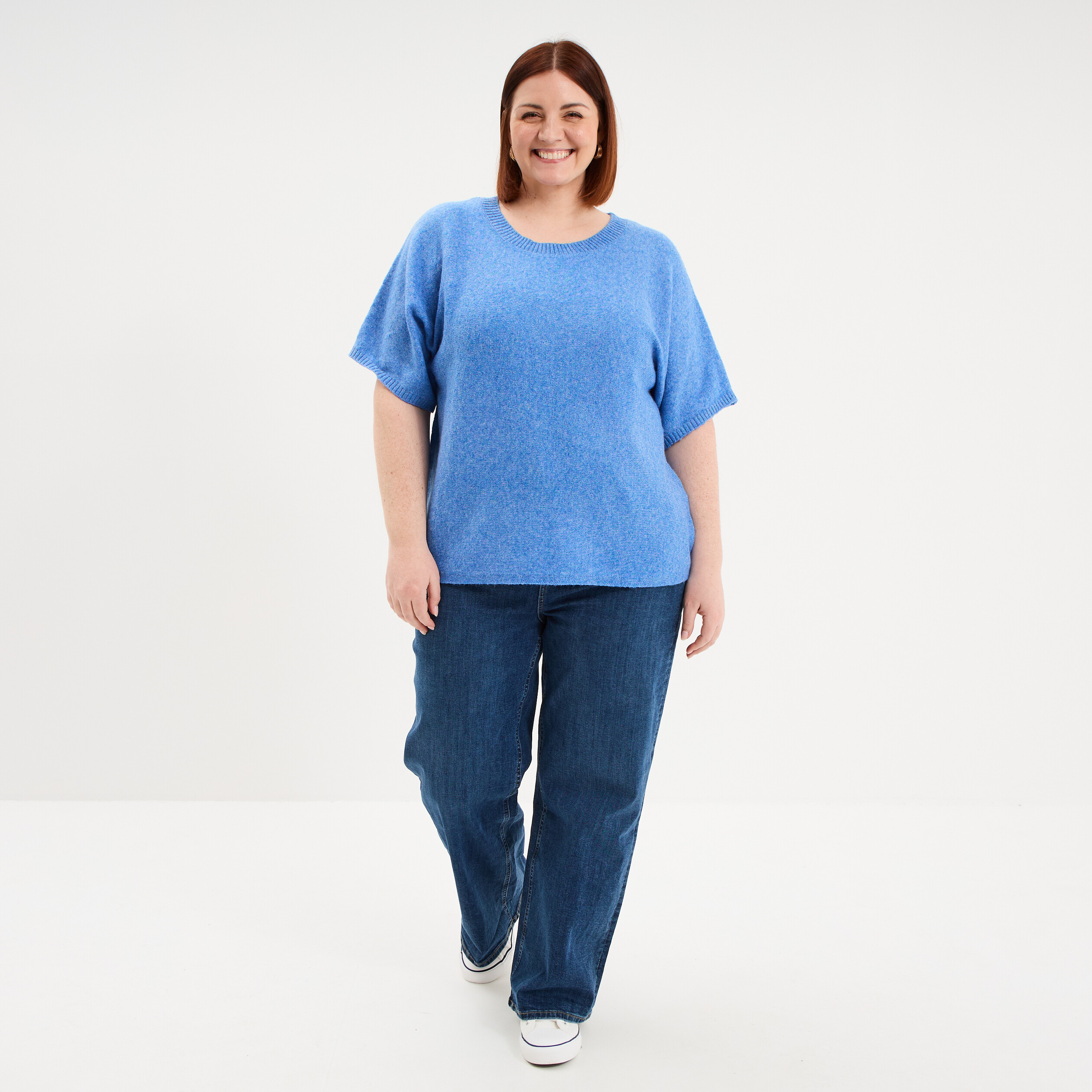 Pull manches courtes col rond bleu femme grande taille | La Halle