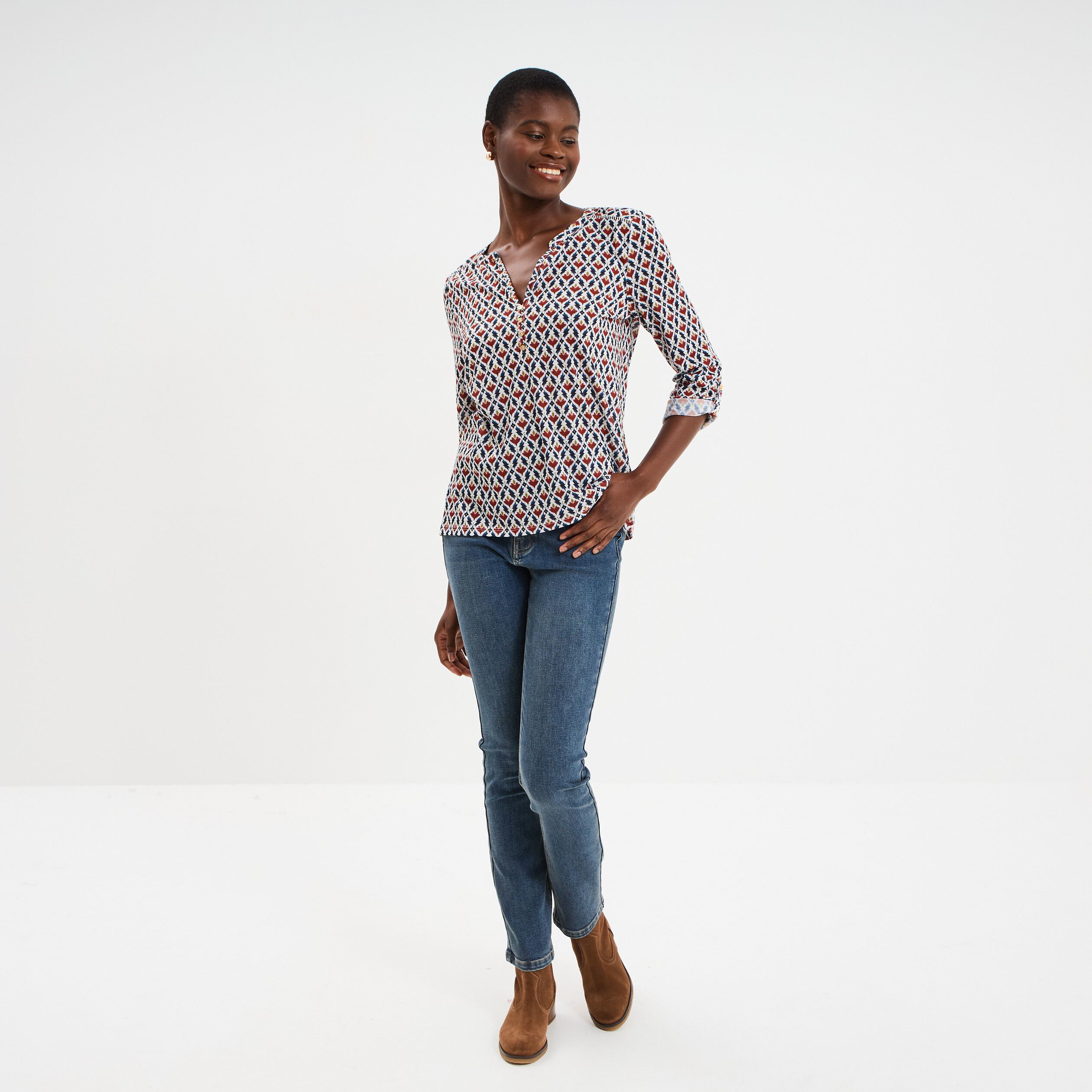 T-shirt col mao manches retroussables ecru femme | La Halle