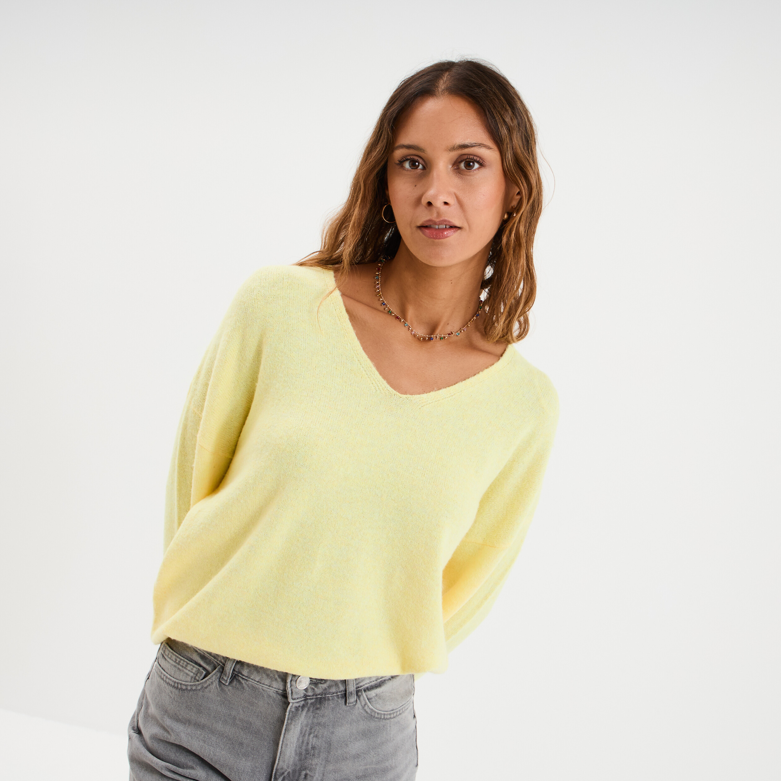 Pull col en V manches longues jaune clair femme | La Halle
