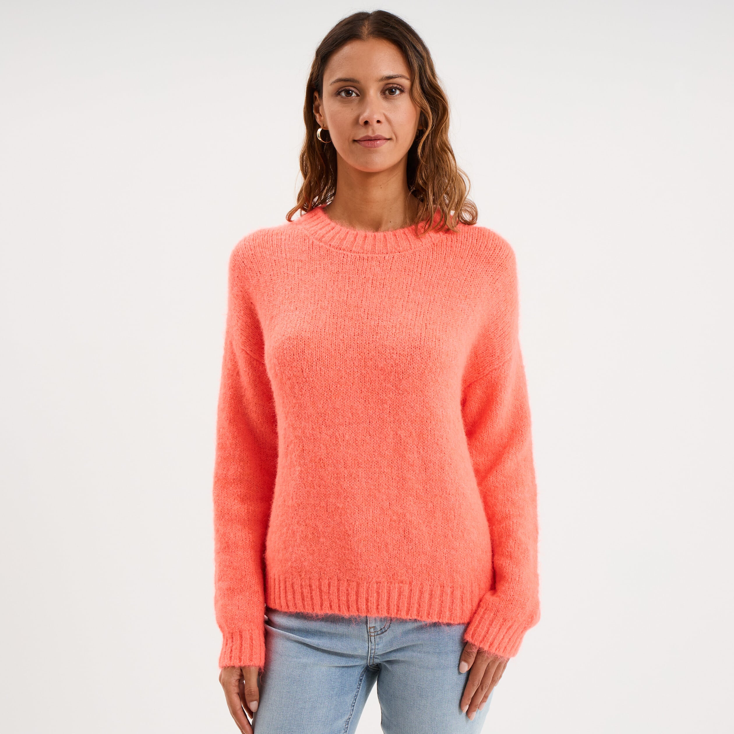 Pull col rond manches longues rose fluo femme | La Halle