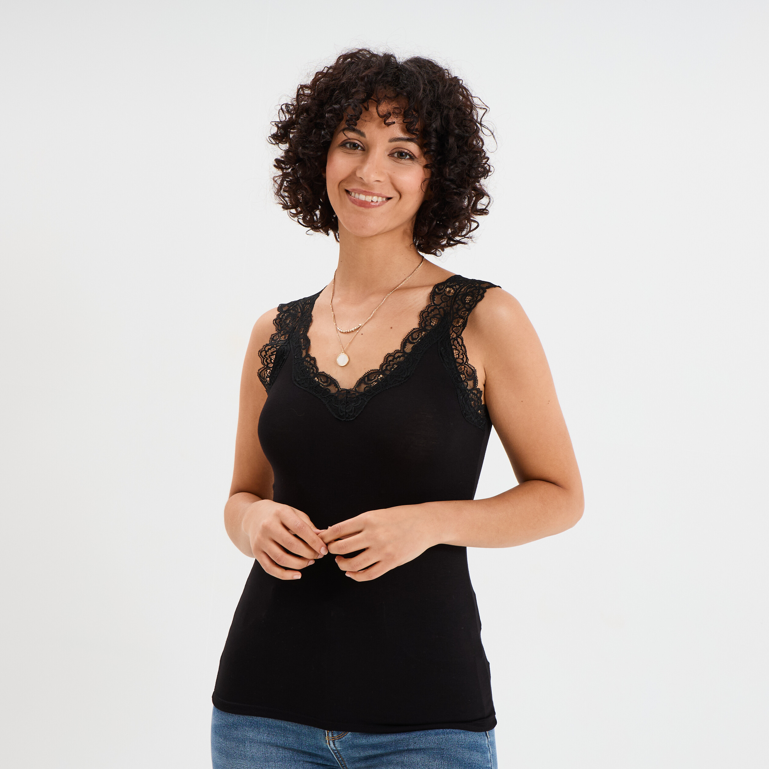 Débardeur ajusté avec dentelle noir femme | La Halle