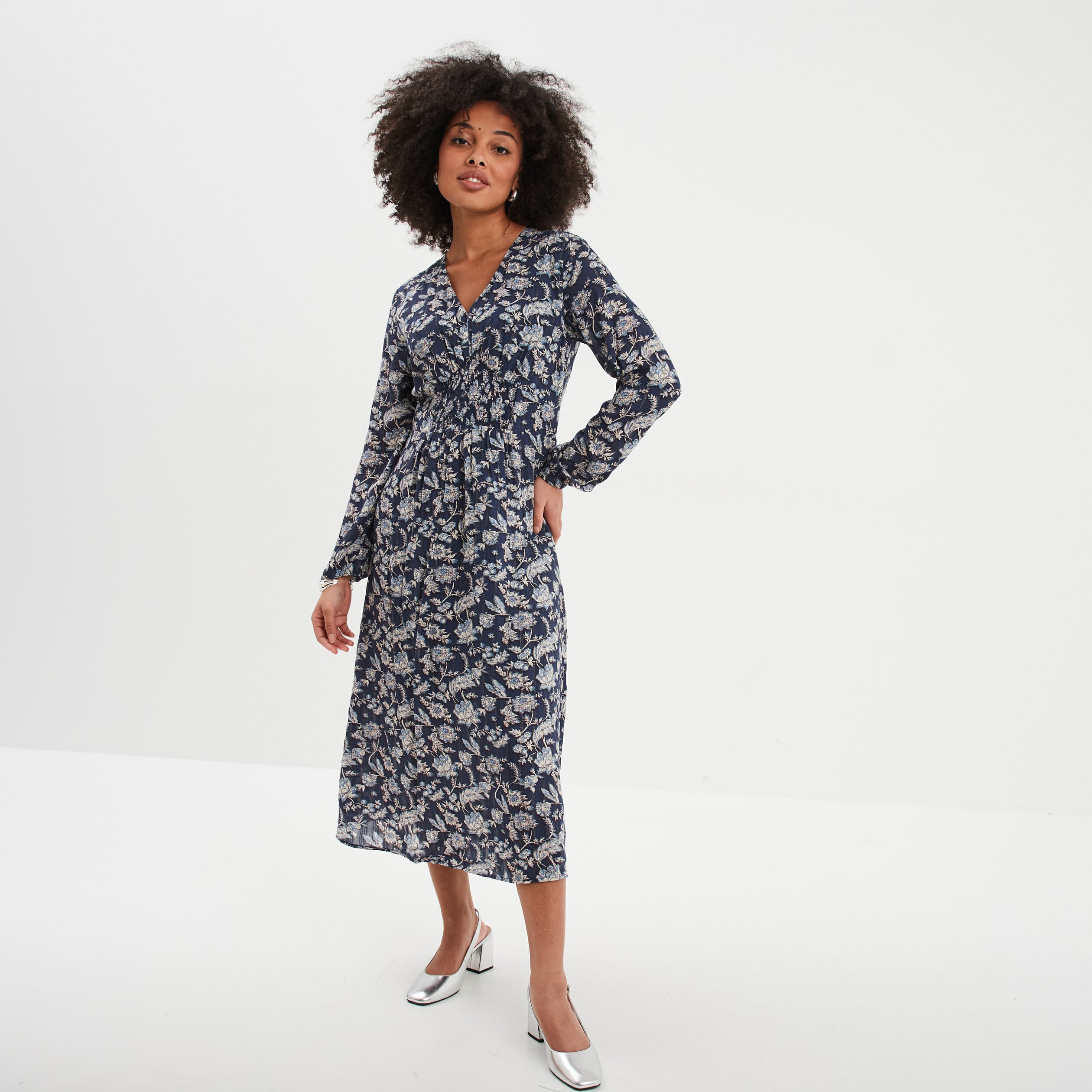 Robe longue fluide et évasée bleu marine femme | La Halle