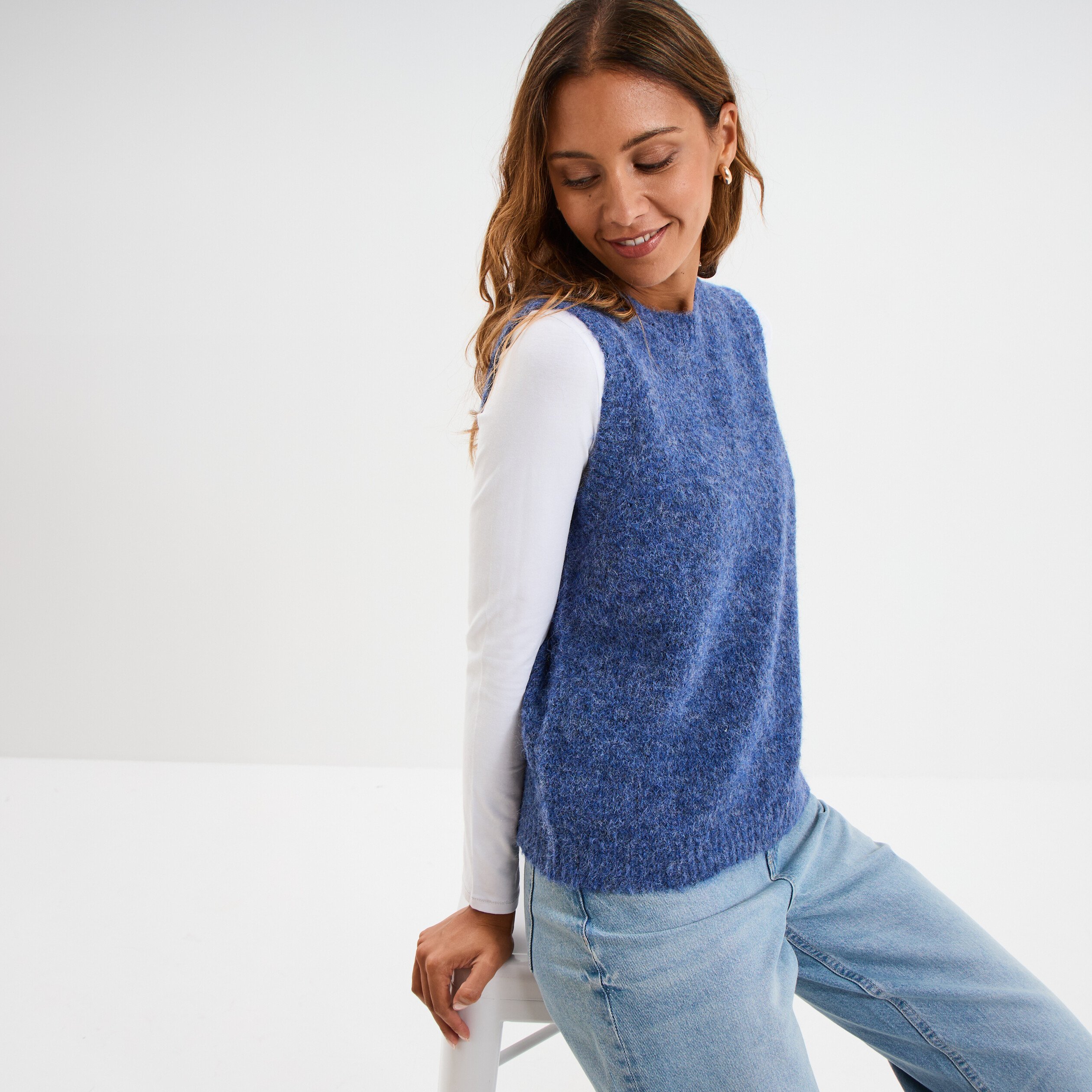 Pull sans manches col rond bleu femme | La Halle