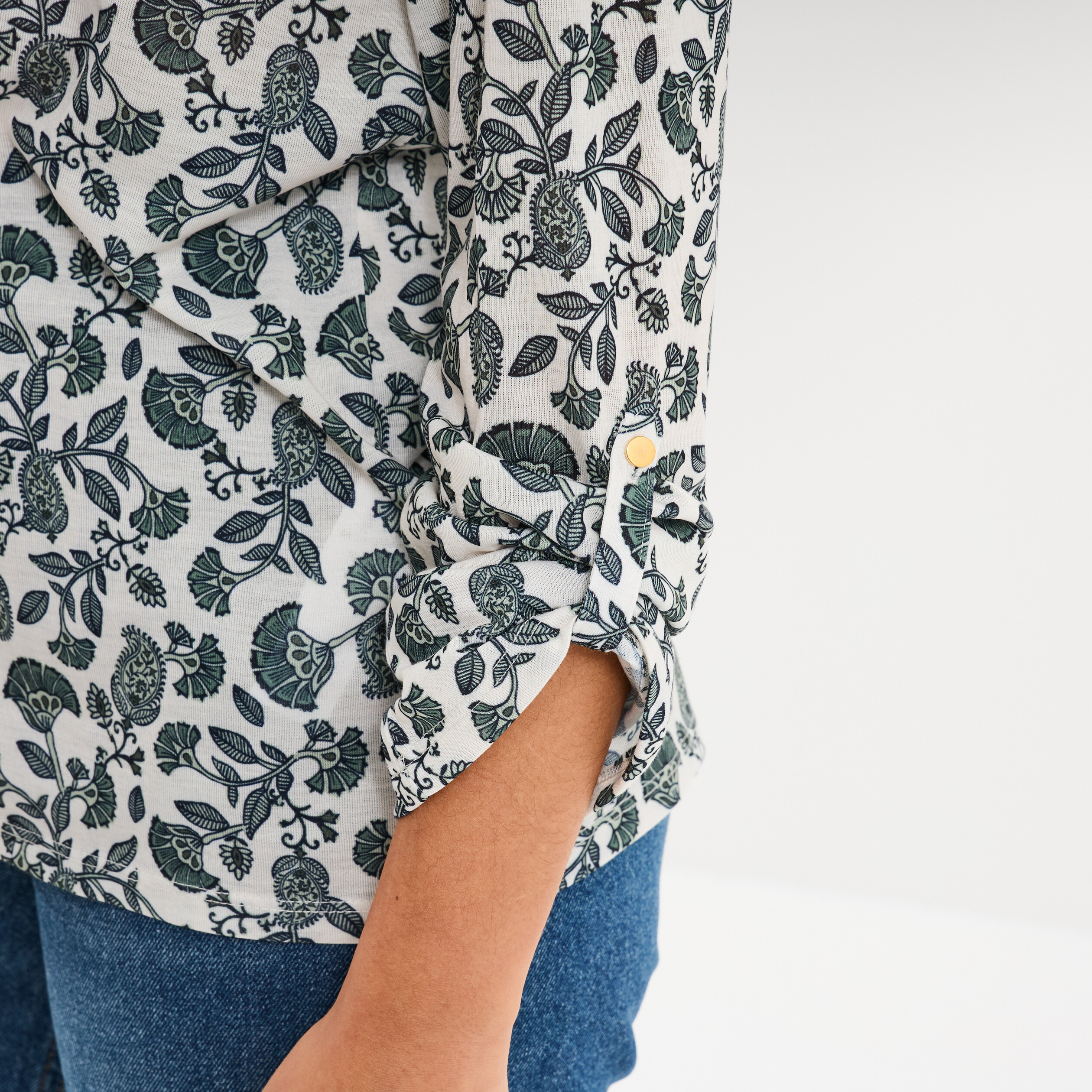 T-shirt col mao manches retroussables ecru femme | La Halle