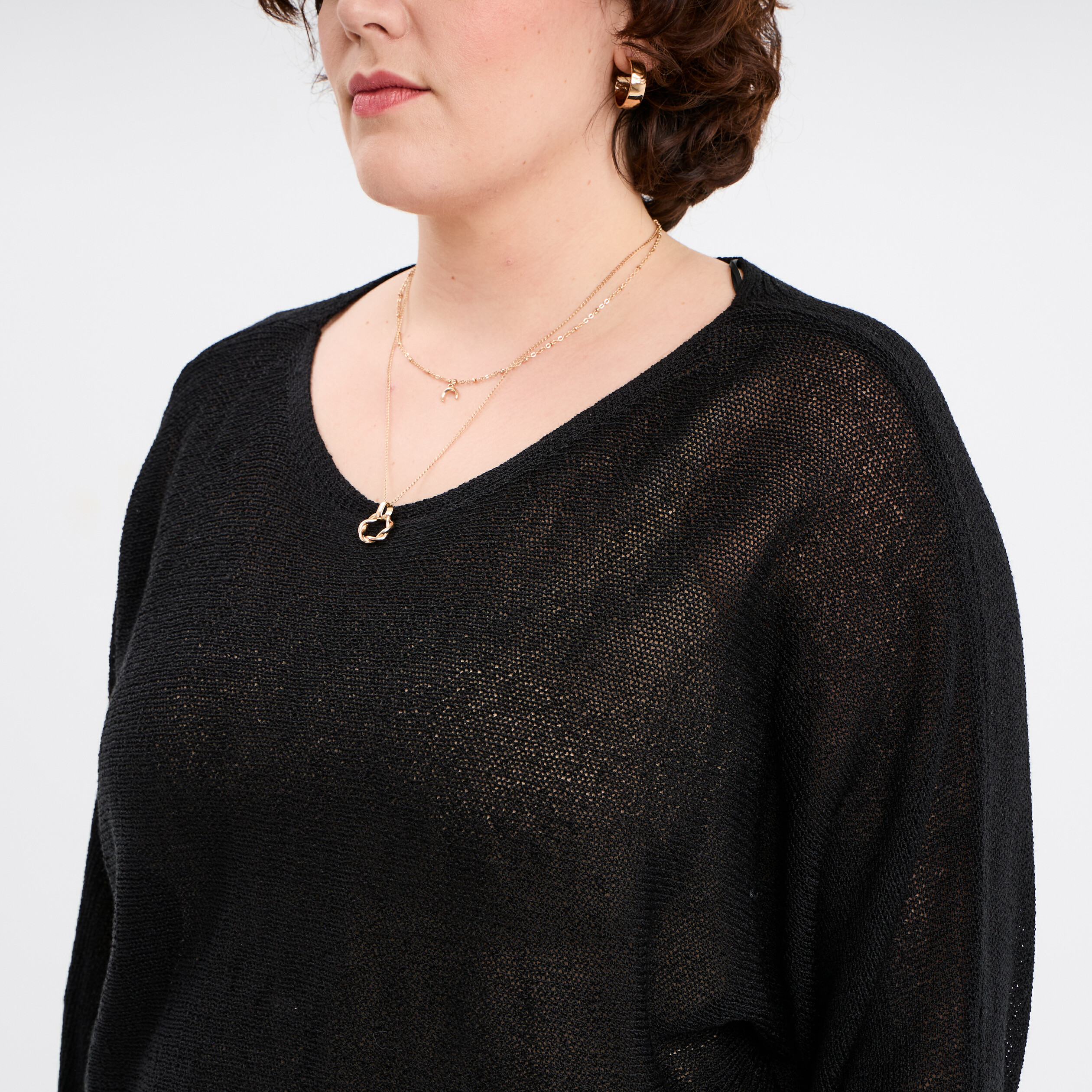 Pull manches longues col rond noir femme grande taille | La Halle